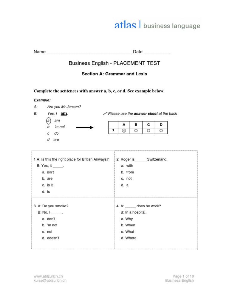 Business English Placement Test | PDF | Business