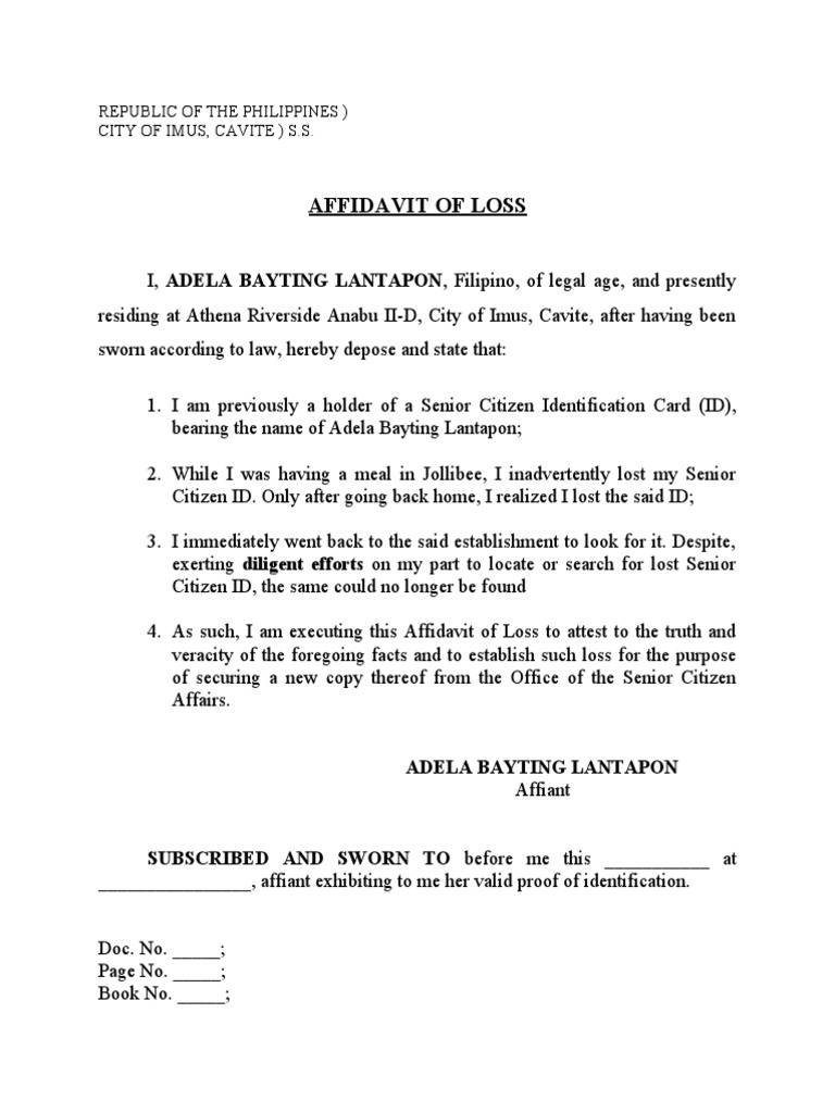 Affidavit of Loss Osca Id | PDF