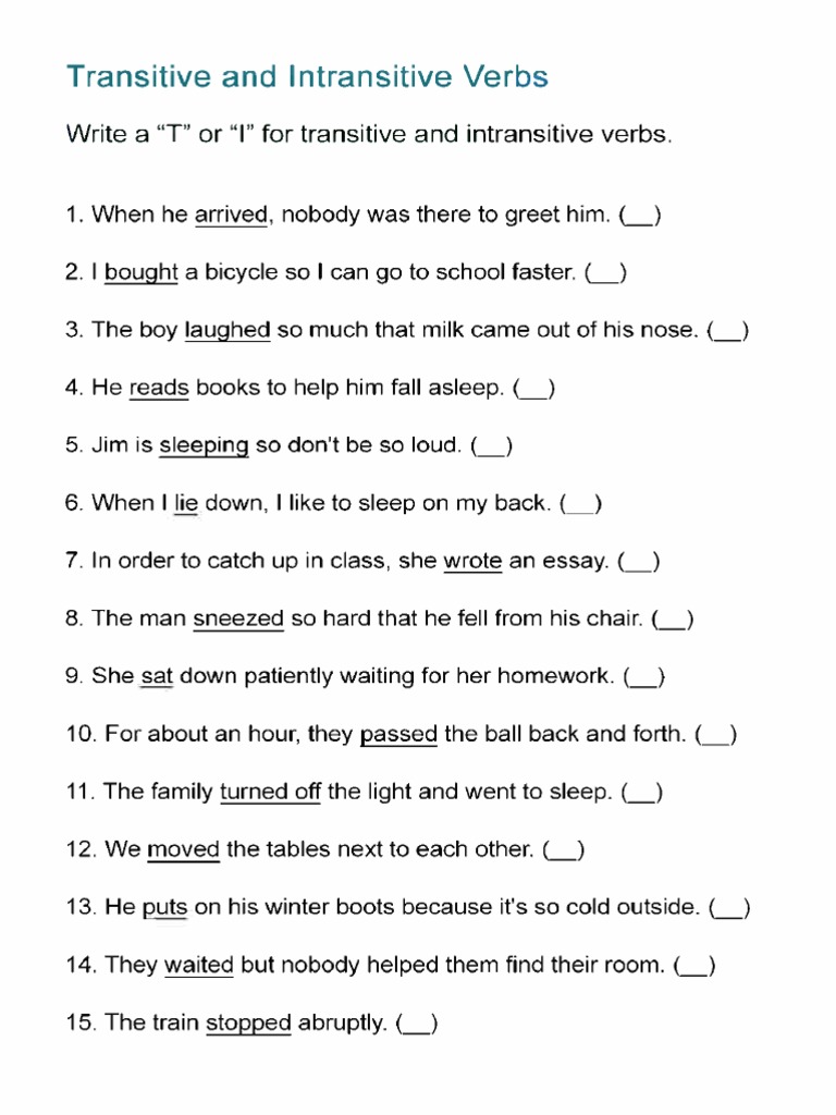 Transitive and Intransitive Verbs Worksheet | PDF
