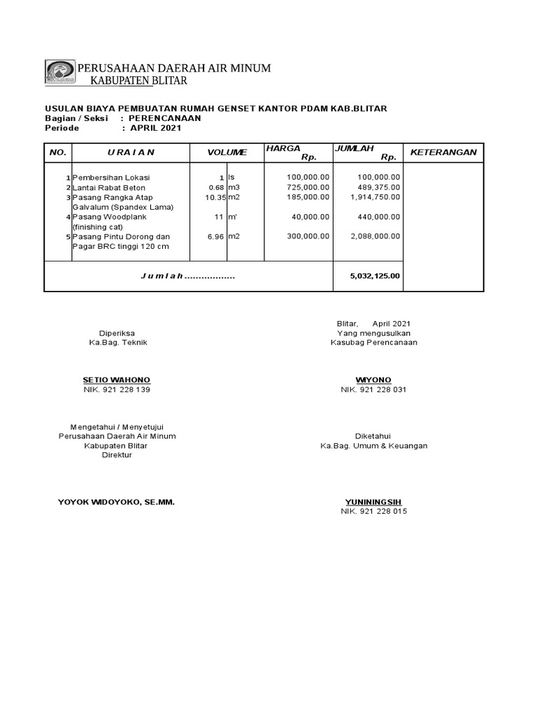 Usulan Biaya Pembuatan Rumah Genset Kantor Pdam Kab - Blitar Bagian / Seksi: PERENCANAAN Periode ...