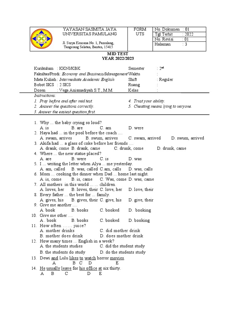 Soal Uas Intermediate English | PDF | Linguistics | Grammar