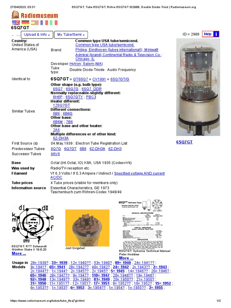 6SQ7GT, Tube 6SQ7GT Röhre 6SQ7GT ID2988, Double Diode-Triod | PDF ...