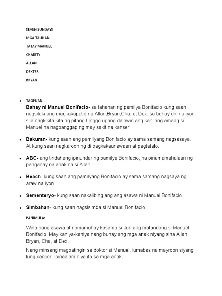 Seven Sundays Mga Tauhan: Tatay Manuel Charity Allan Dexter Bryan | PDF