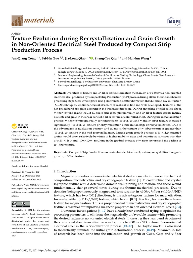 2022 Cong Et Al Texture Evolution During Recrystallization And Grain Growth In Non Oriented