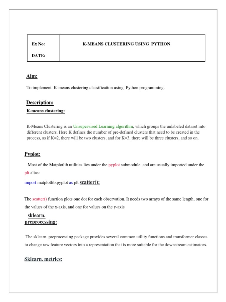 Ex No: Date: K-Means Clustering Using Python: Scatter | PDF | Cluster Analysis | Statistical ...