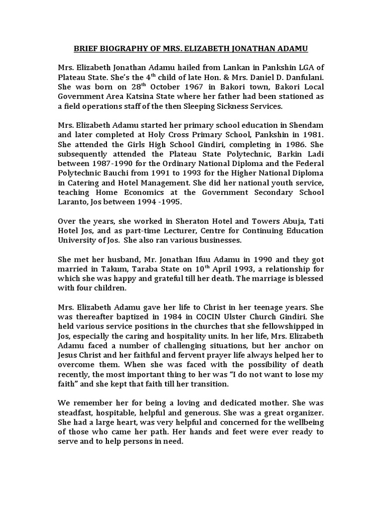 Brief Biography of Mrs Adamu Elizabeth | PDF