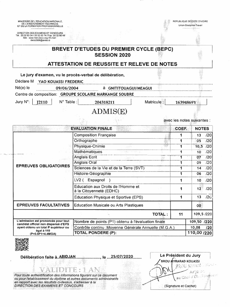 Attestation et Relevé BEPC 2023 | PDF
