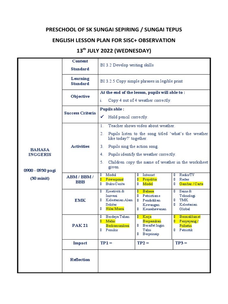 English Lesson Plan For Sisc 13.07.2022 | PDF | Learning | Teaching