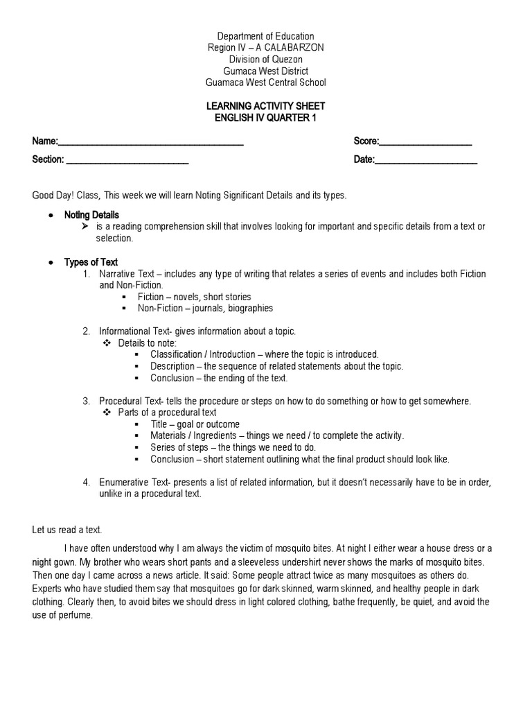 Learning Activity Sheet on Noting Significant Details | PDF