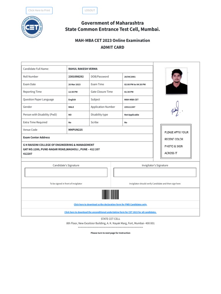 MH Cet Mba - 2023 Admit Card | PDF