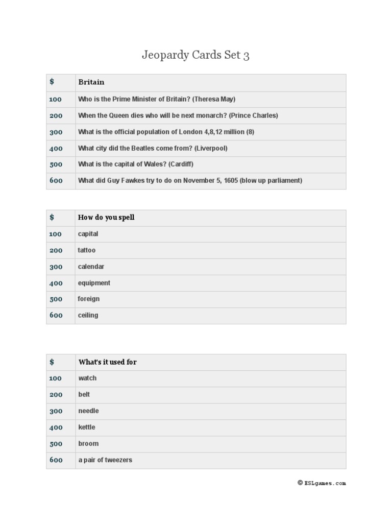 Jeopardy Quiz Cards: Set 3 | PDF