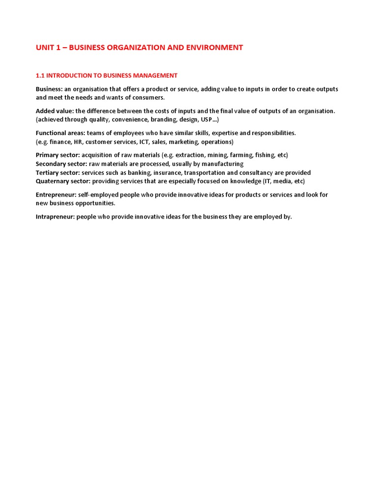 Unit 1 - Business Organization and Environment: 1.1 Introduction To Business Management ...