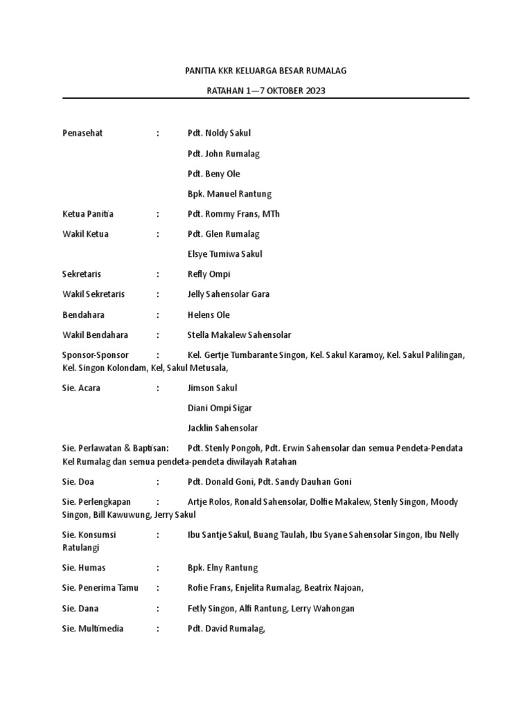 Panitia KKR Keluarga Besar Rumalag | PDF
