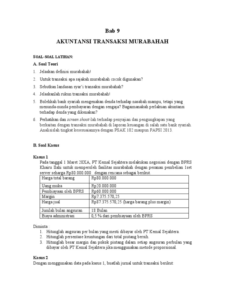 Bab 9 Akuntansi Transaksi Murabahah: S - : A. Soal Teori | PDF