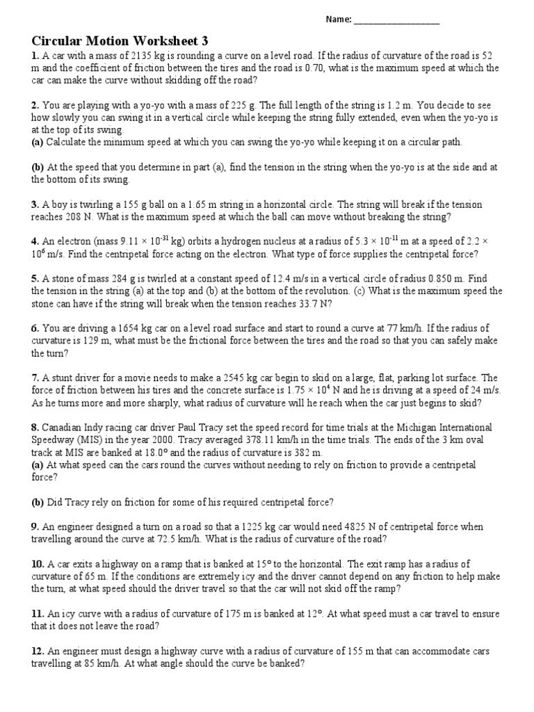Circular Motion Worksheet: Calculating Speed, Force, Tension and Radius ...