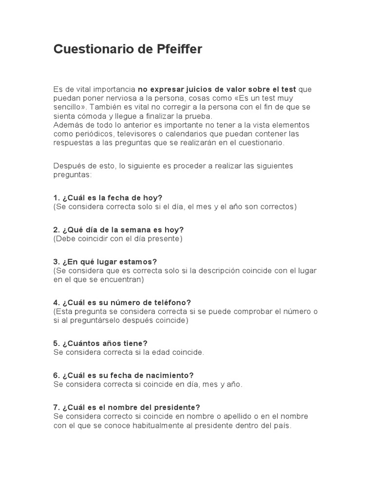 Administración y valoración del test cognitivo de Pfeiffer | PDF