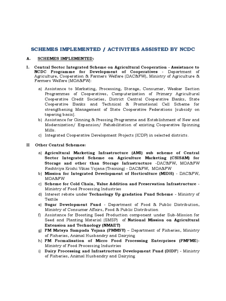 Schemes of NCDC | PDF | Cooperative | Agriculture