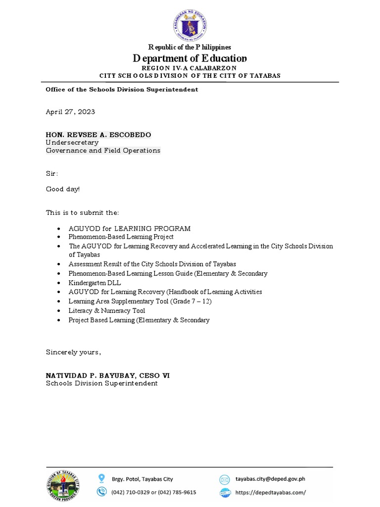 Transmittal Letter for Learning Programs | PDF