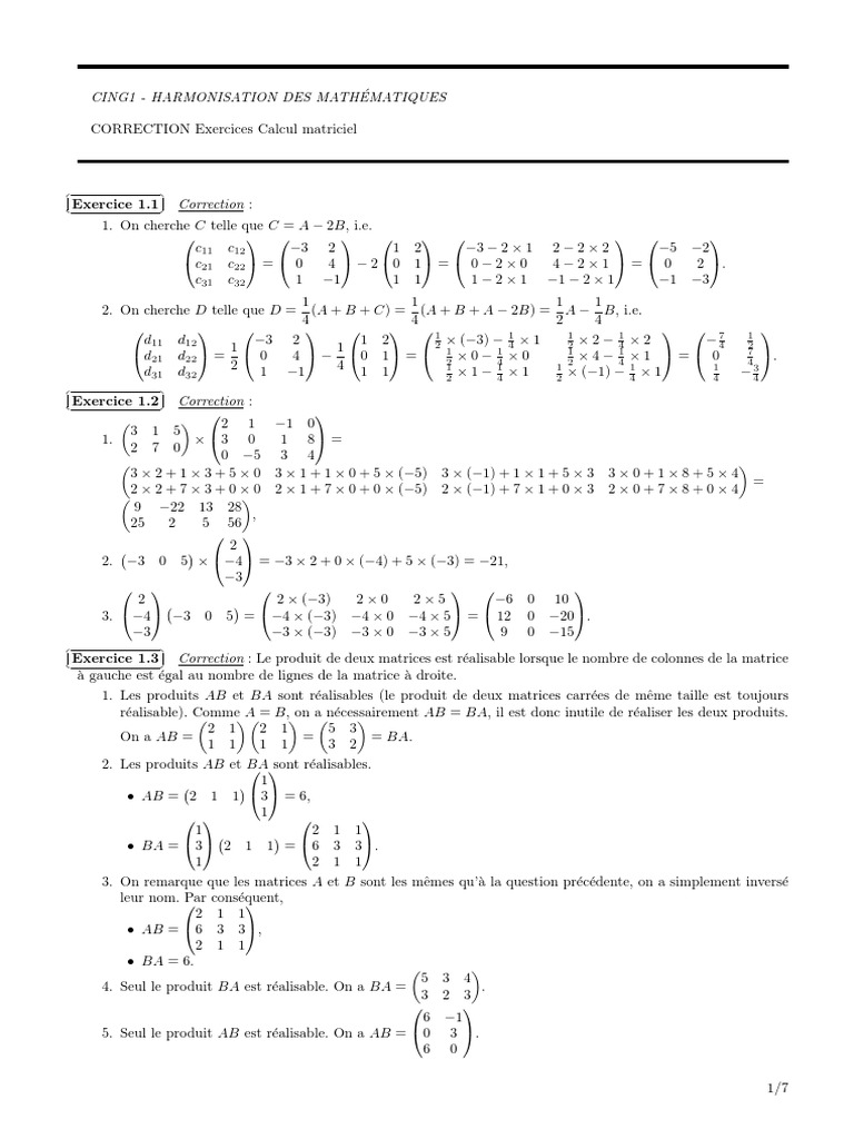 Correction Exercices Matrices | PDF | Matrice (Mathématiques ...