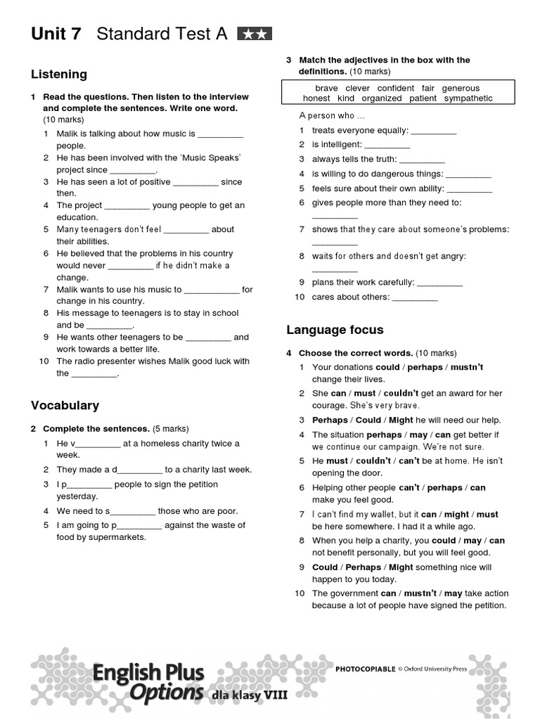 Unit 7 Standard Test A: Listening | PDF
