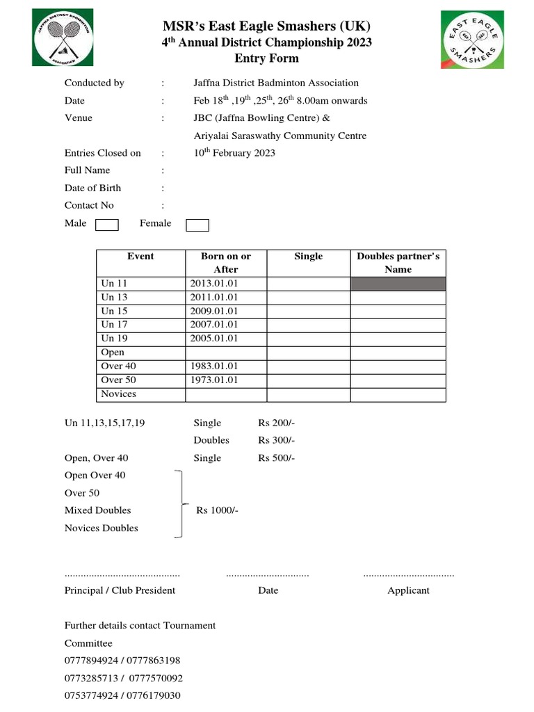 Jaffna Badminton Championship 2023 Entry Form | PDF