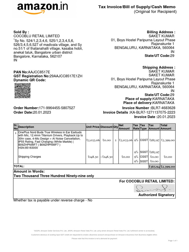 Tax Invoice for OnePlus Nord Buds True Wireless Earbuds Sold by Cocoblu ...