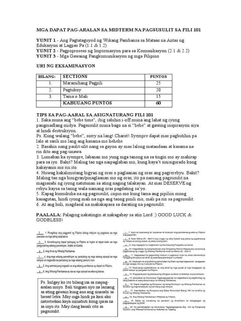 Midterm Na Pagsusulit Mga Gabay Fili 101 | PDF