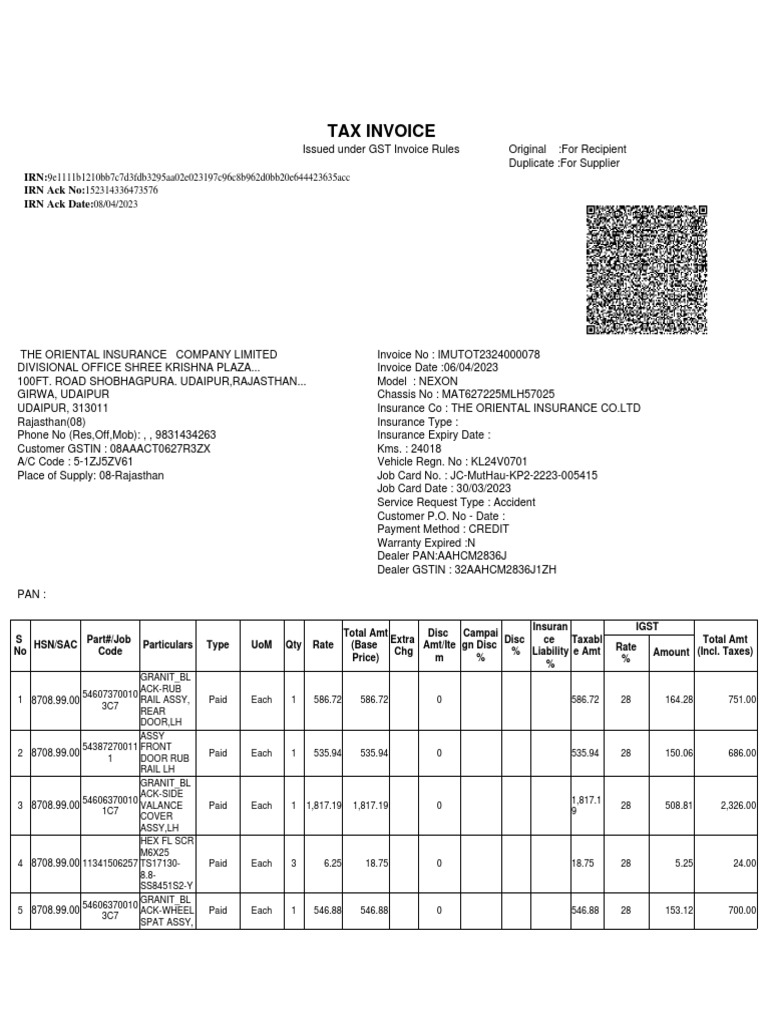 Tax Invoice: Irn: IRN Ack No: IRN Ack Date | PDF | Car | Insurance