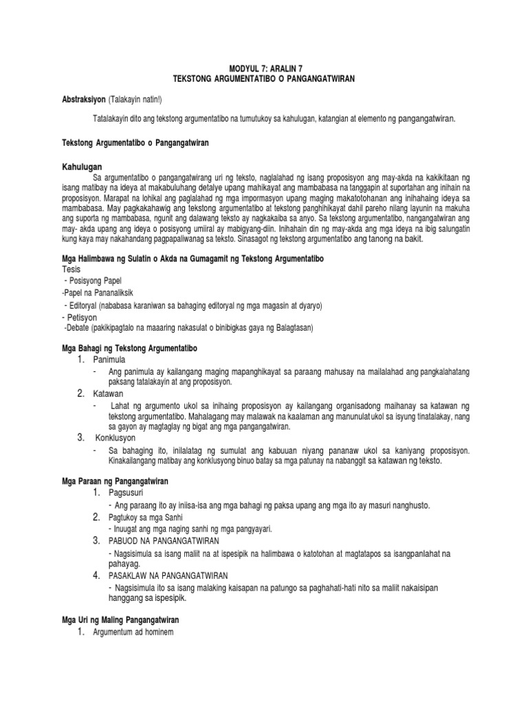 Modyul 7 Aralin 7 Tekstong Argumentatibo | PDF