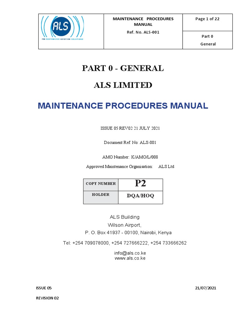 Part 0 - General Als Limited: Maintenance Procedures Manual | PDF ...