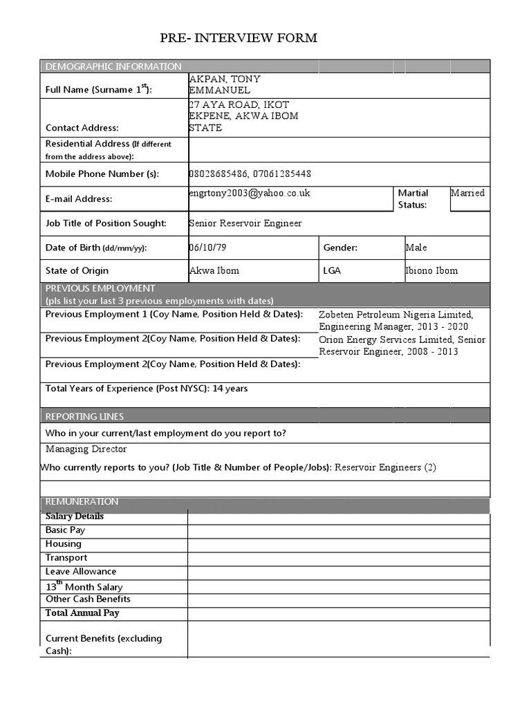 Pre-Interview Form: Demographic Information | PDF | Business | Economies