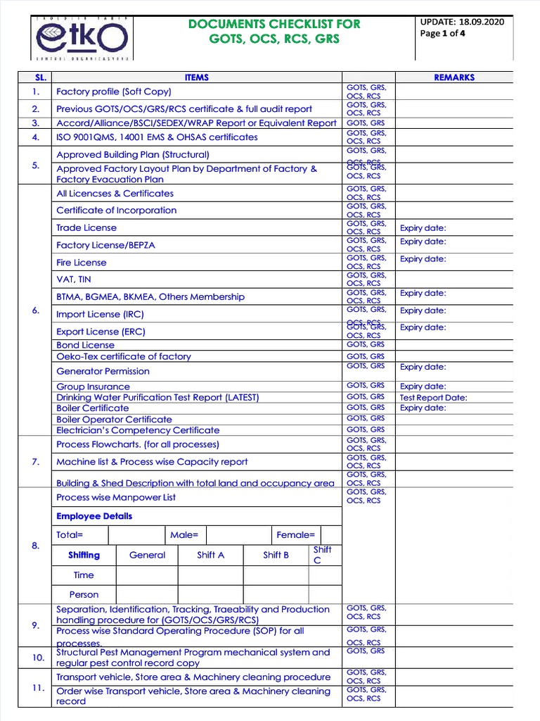 PDF Audit Checklist Gots Ocs Grs Rcs - Compress | PDF
