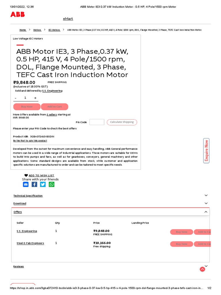 ABB Motor IE3 0.37 KW Induction Motor - 0.5 HP, 4 Pole - 1500 RPM Motor ...