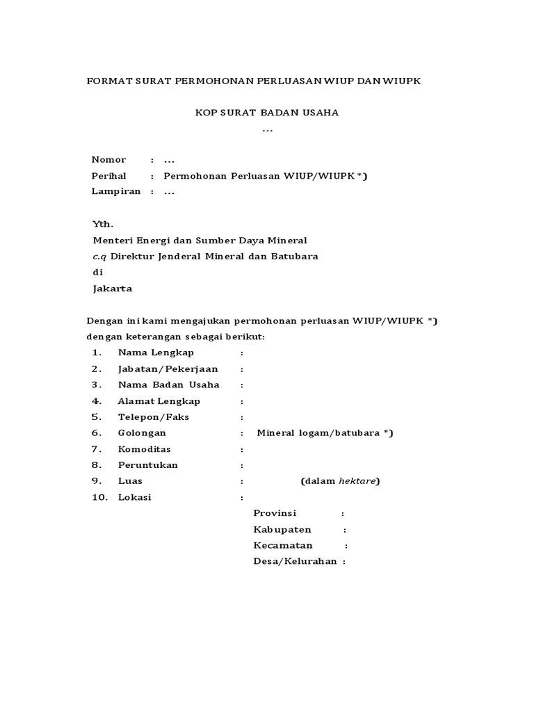 Format Surat Permohonan Perluasan WIUP Dan WIUPK | PDF | Sains & Matematika