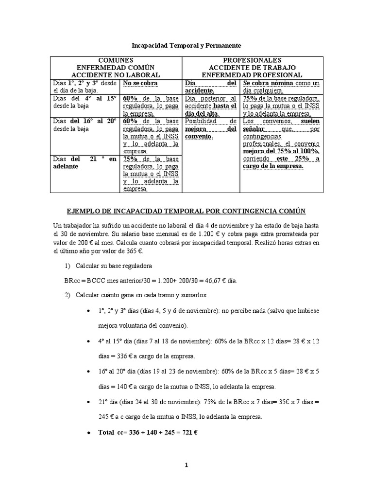 Incapacidad Temporal. Ejemplo y Ejercicio | PDF | Labor | Relaciones laborales
