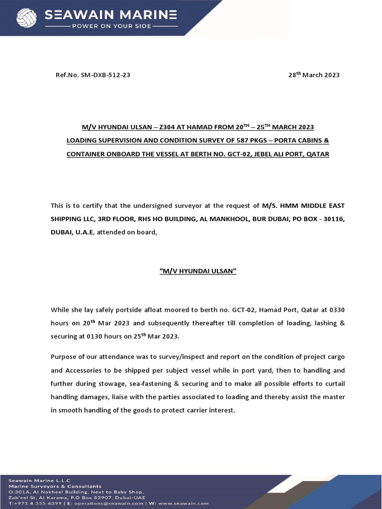 Hyundai Ulsan - Z304 at Hamad | PDF | Stevedore | Cargo