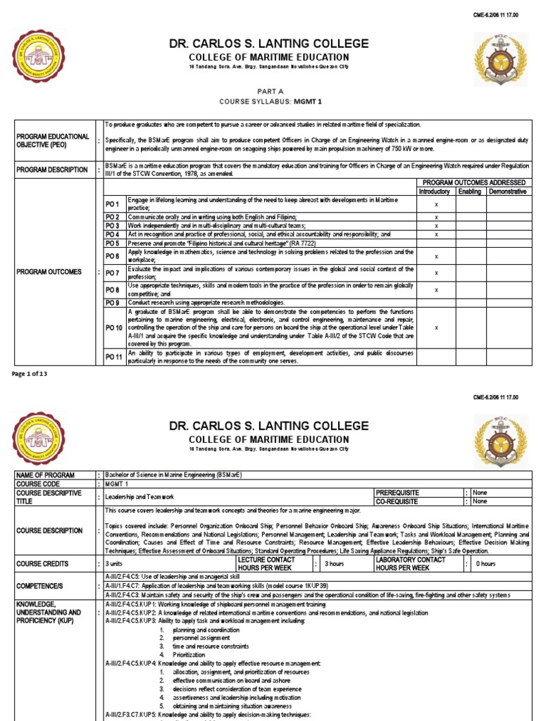 Dr. Carlos S. Lanting College: College of Maritime Education | PDF