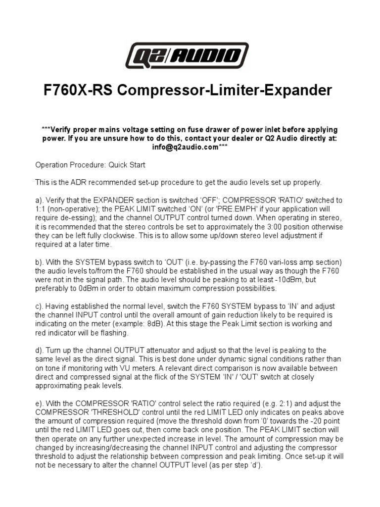 Q2 Audio Compex F760X RS Stereo Compressor User Manual | PDF ...