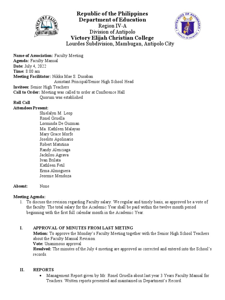 Faculty Meeting Minutes - July 2022 | PDF | Government