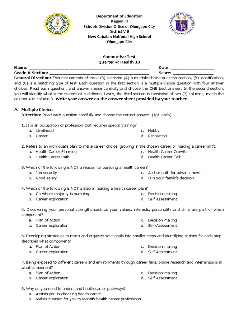 Summative Test Health 10 Q4 | PDF | Self-Improvement