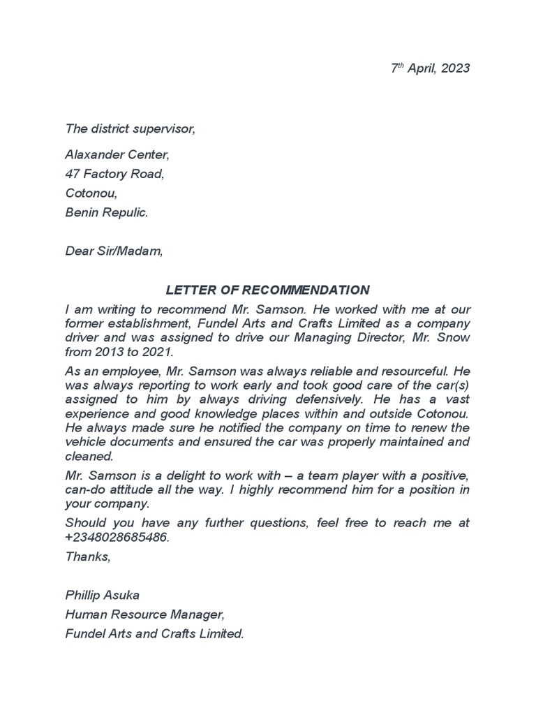 Recommendation Letter Sample Driver | PDF | Career & Growth