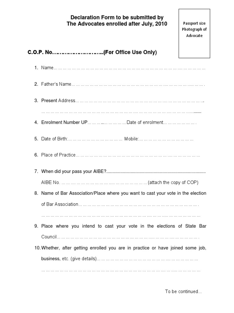 Declaration Form To Be Submitted by The Advocates Enrolled After July ...