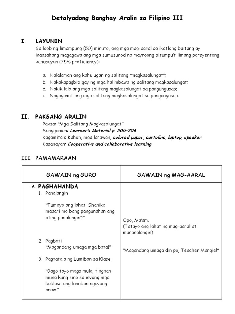 Detalyadong - Banghay - Aralin - Sa - Filipino III | PDF