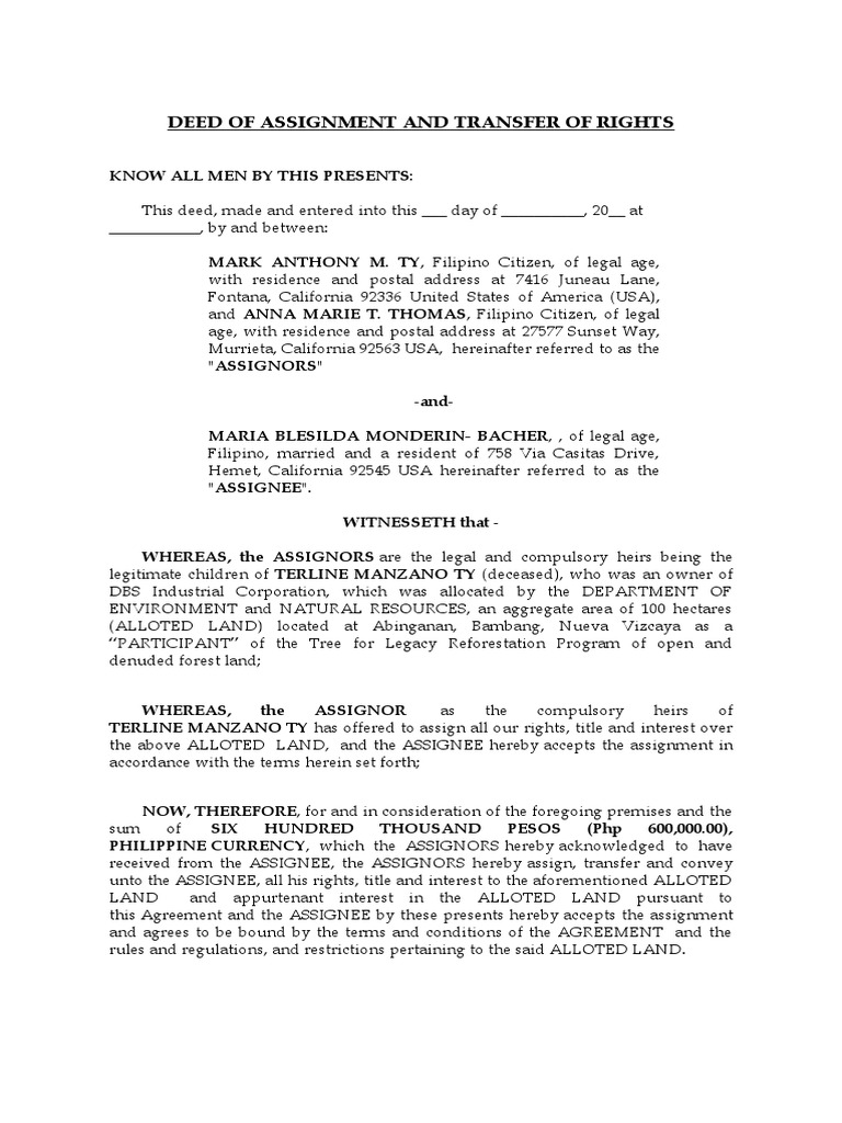 DEED OF ASSIGNMENT-denr | Download Free PDF | Assignment (Law) | Consent