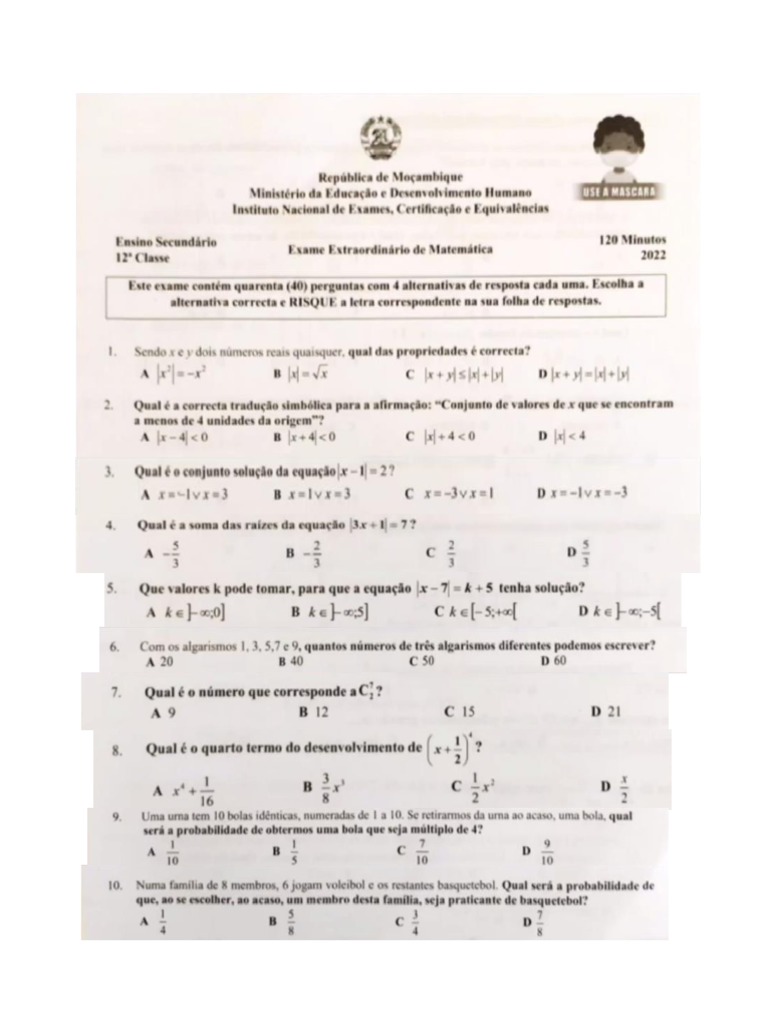 Exame Extraordinário de Matemática 12 Classe 2022 | PDF