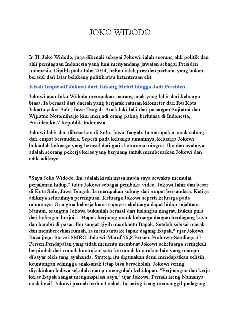 Joko Widodo: Kisah Inspiratif Jokowi Dari Tukang Mebel Hingga Jadi Presiden | PDF