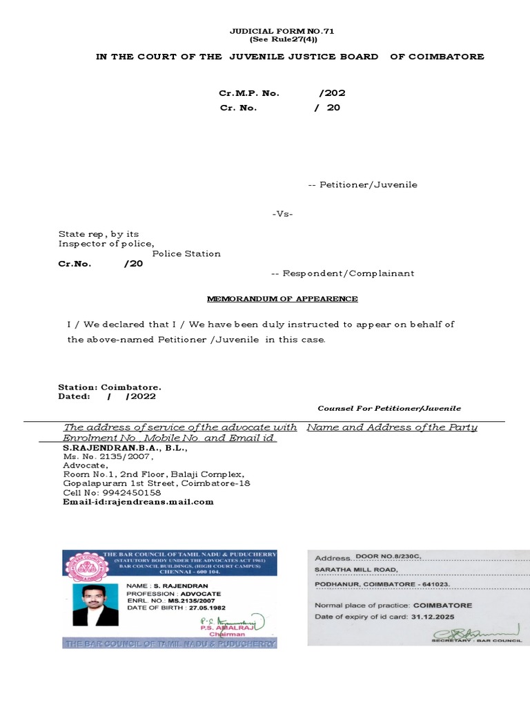 Juvenile Justice Board Appearance Form | PDF
