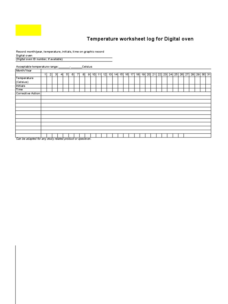 Temperature Worksheet Log For Digital Oven | PDF