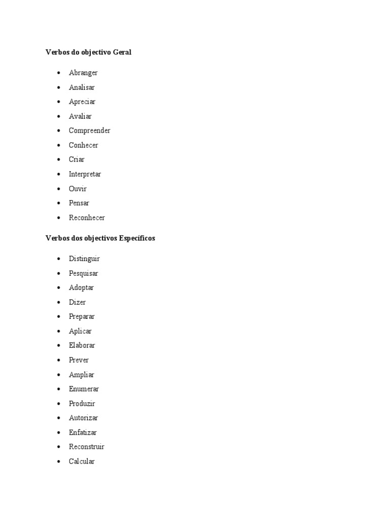 Verbos objetivos gerais e específicos | PDF