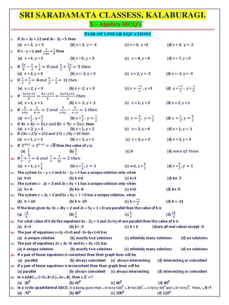 (Algebra) PLE, AP, QE - MCQ 2021 | PDF | Equations | System Of Linear ...